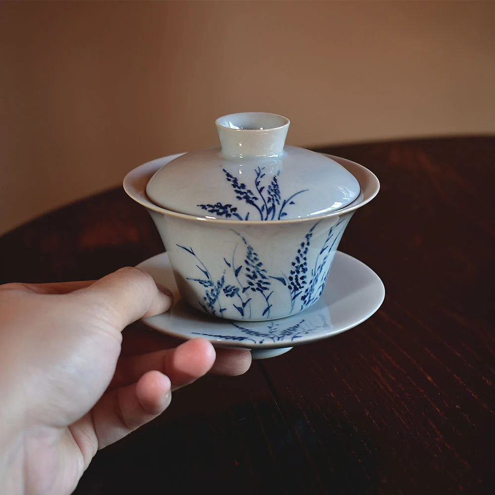 Hand Painted Cyan Tail Grass Sancai Gaiwan in Australia - Hey China