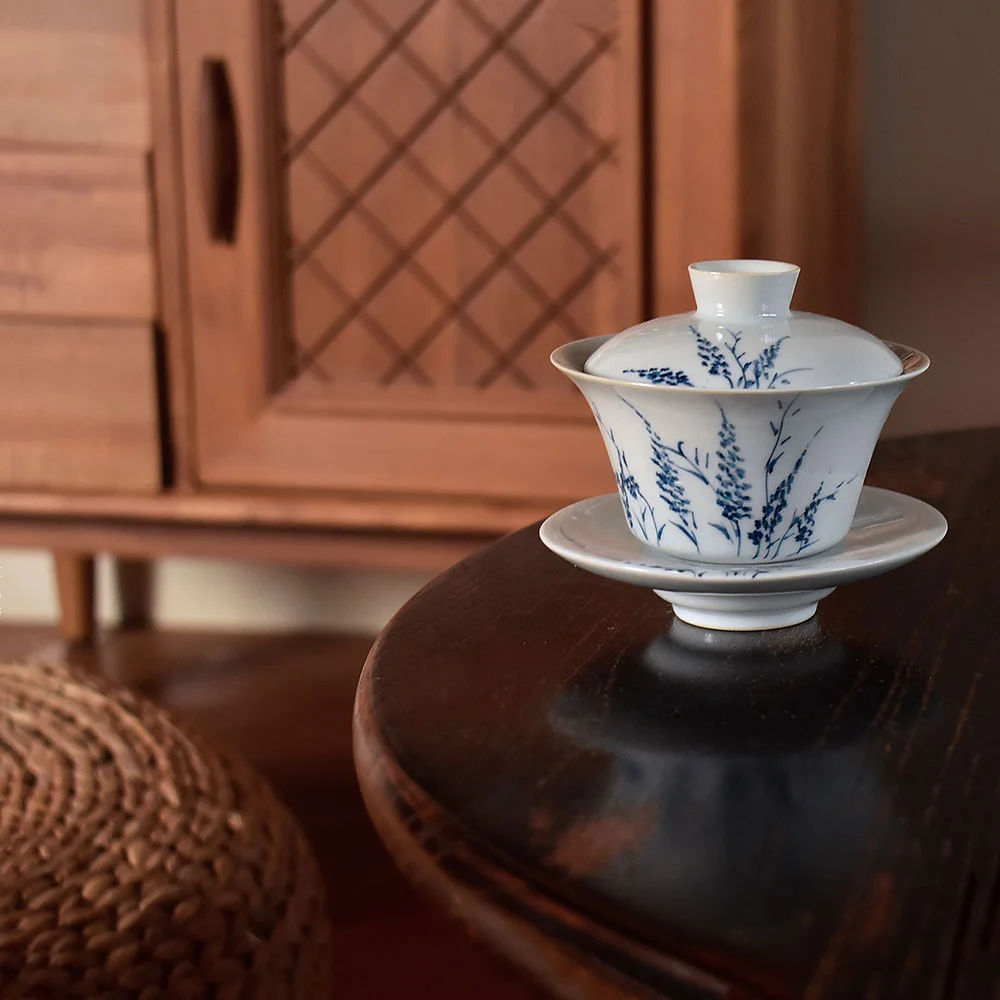 Hand Painted Cyan Tail Grass Sancai Gaiwan in Australia - Hey China