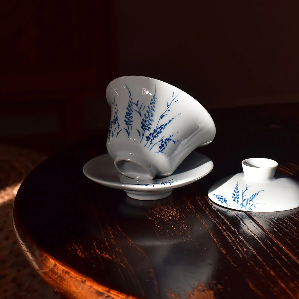 Hand Painted Cyan Tail Grass Sancai Gaiwan in Australia - Hey China