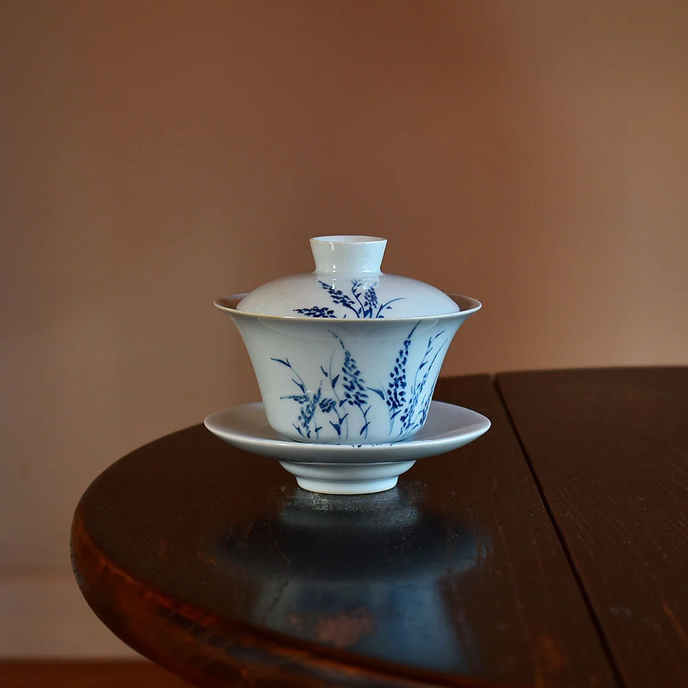 Hand Painted Cyan Tail Grass Sancai Gaiwan in Australia - Hey China